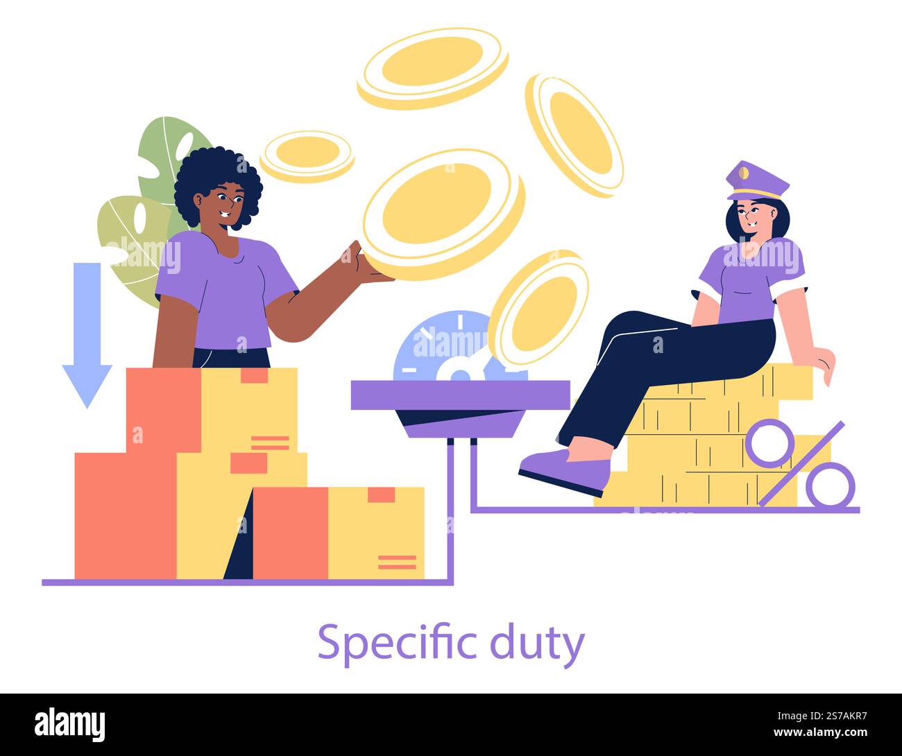 Customs Tariffs concept. Illustration of a customs officer and merchant ...