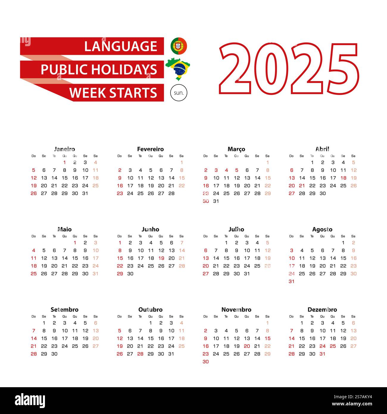 Calendar 2025 in Portuguese language with public holidays the country ...