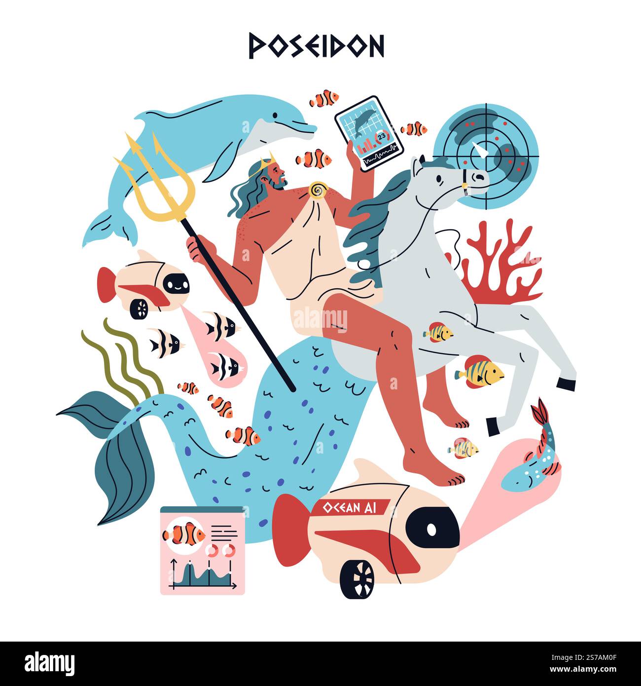 Olympic Gods and AI synergy concept. Poseidon with modern technology elements in an underwater ...