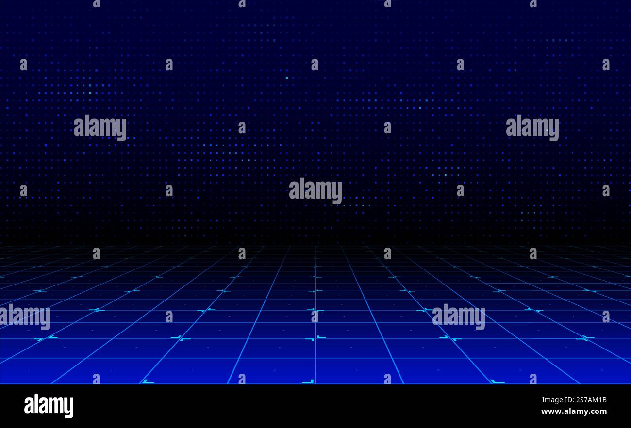 Blue digital grid flor with dotted wall. Gaming background for product ...