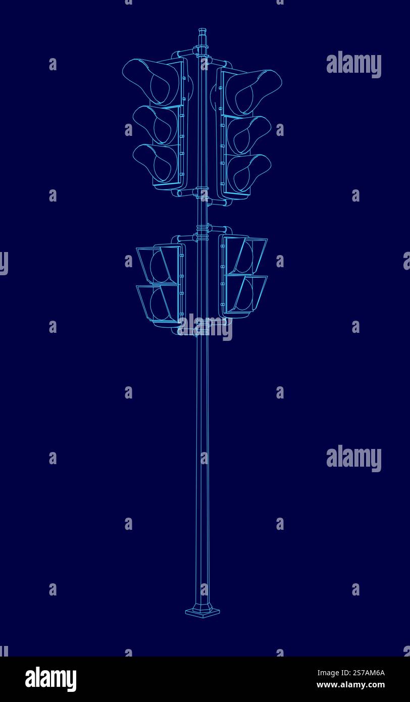 Blue image of a traffic light pole. The pole is tall and has a blue ...