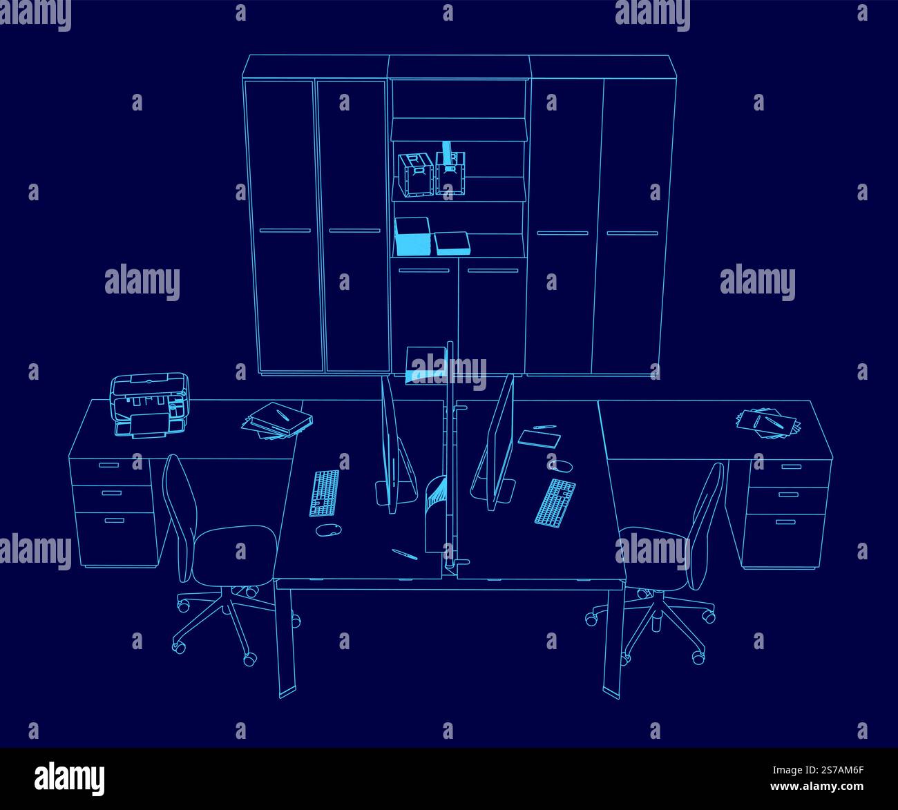 Blue drawing of a cubicle with two desks and two chairs. The desks are separated by a partition ...