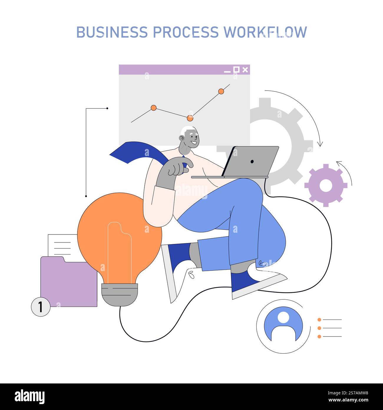 Business Process Automation concept. A character analyzes data on a laptop, symbolizing ...
