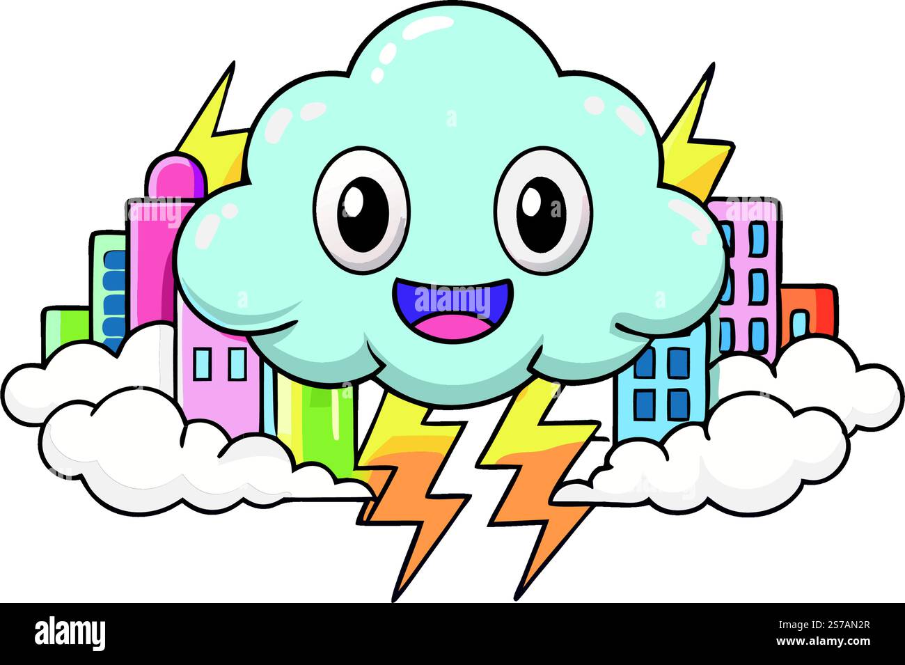 Cute and mischievous sentient cloud floating above a colorful city ...