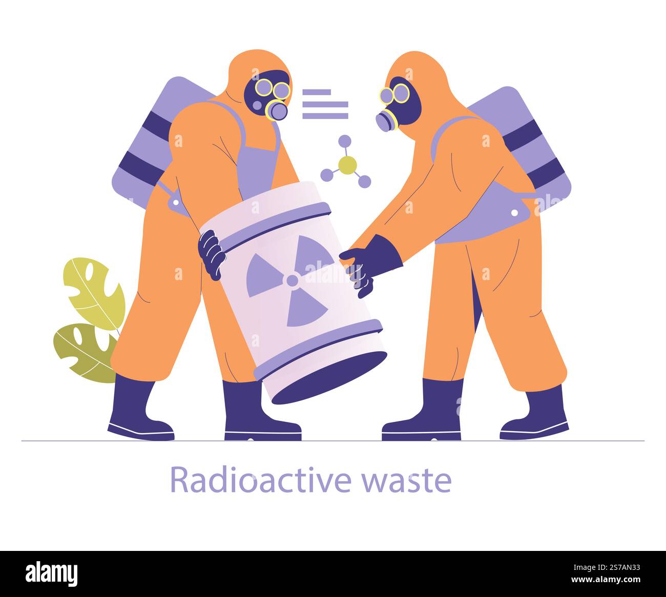 Nuclear power concept. Workers in hazmat suits handle radioactive waste ...