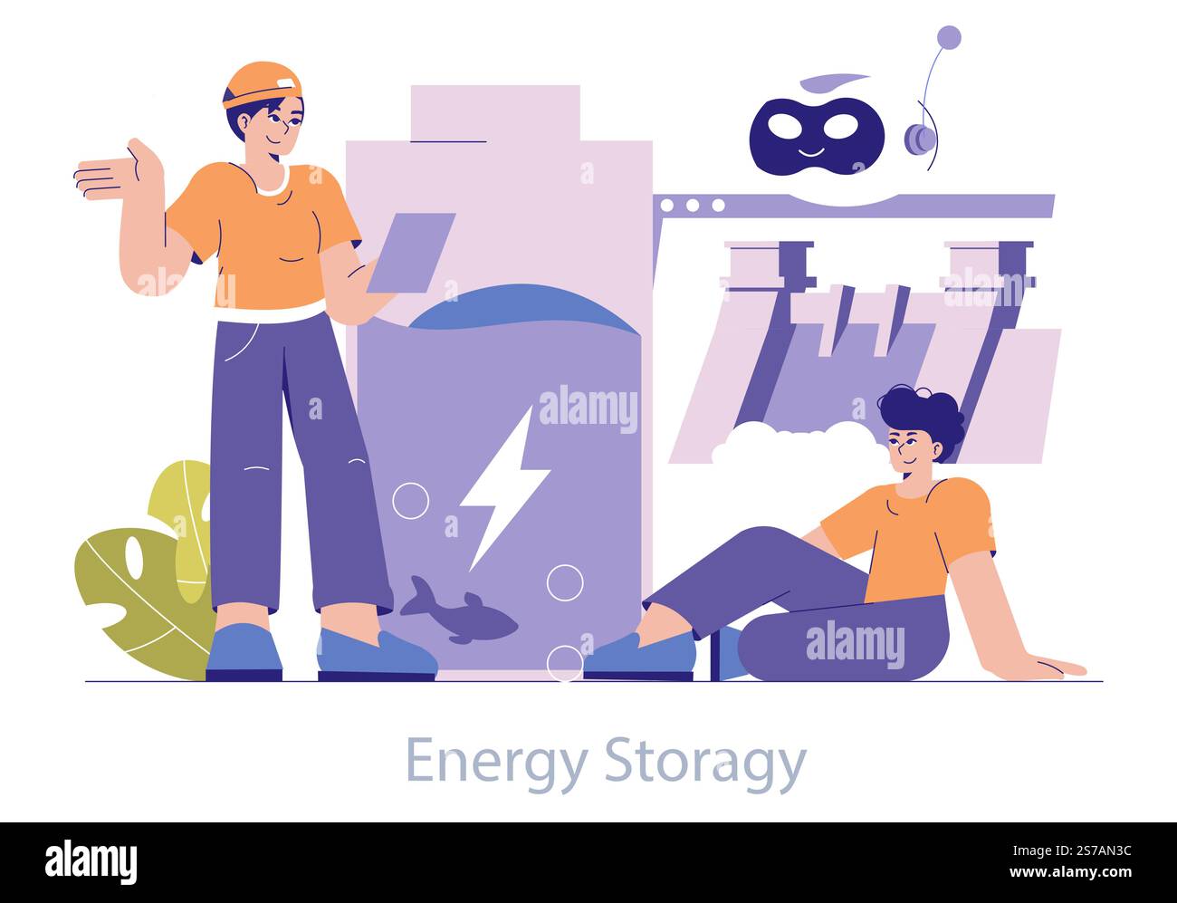 Hydropower concept. Renewable energy generation and storage illustrated ...