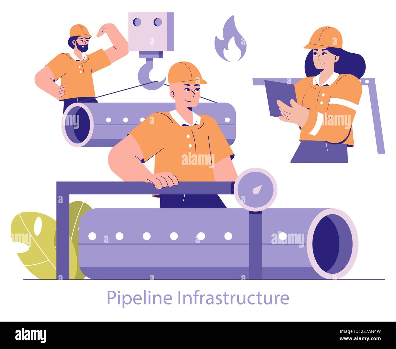 Oil and Gas Pipeline Infrastructure concept. Workers operate valves and ...