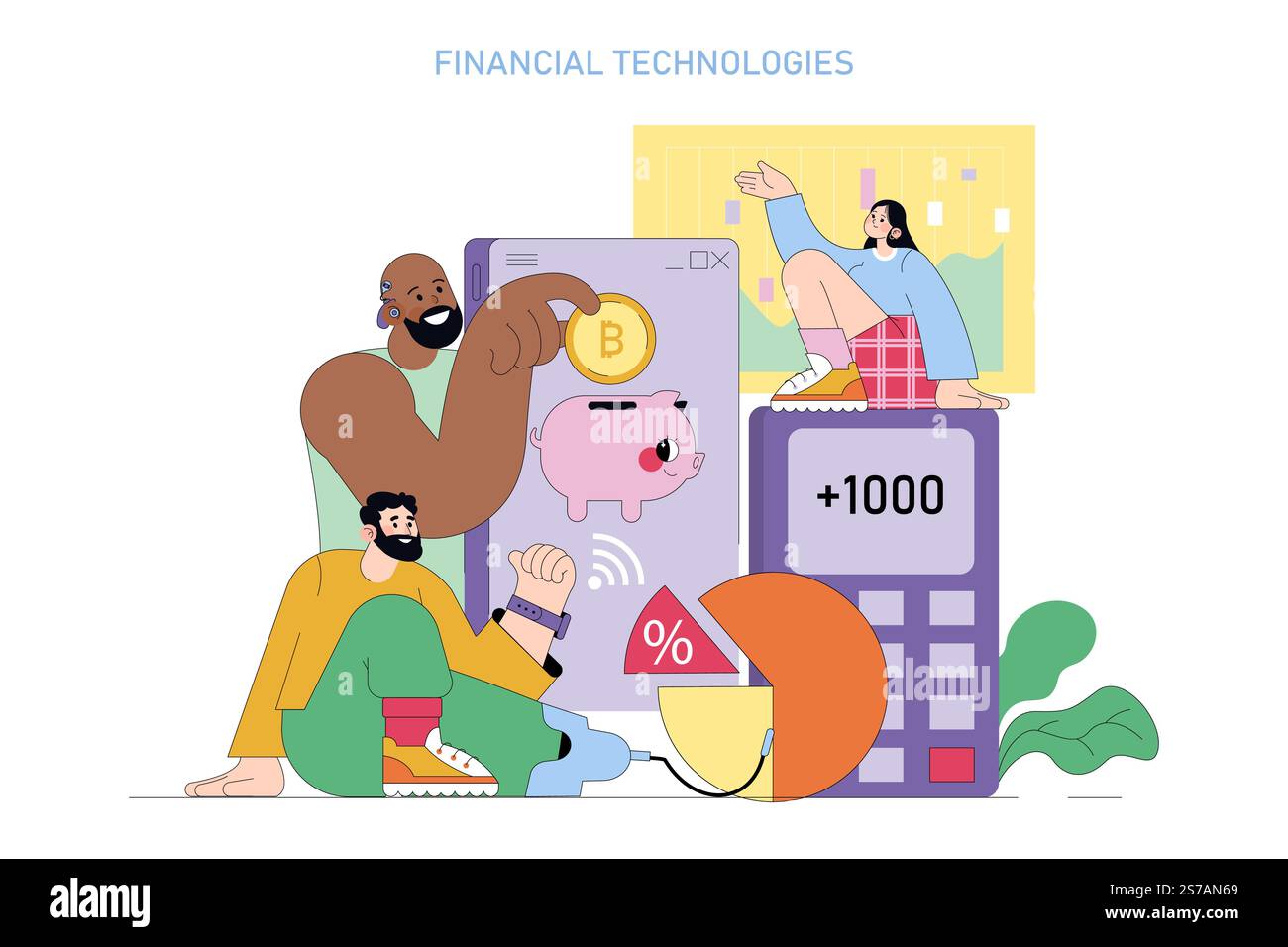 Financial Technologies concept. Diverse group engaging with digital ...