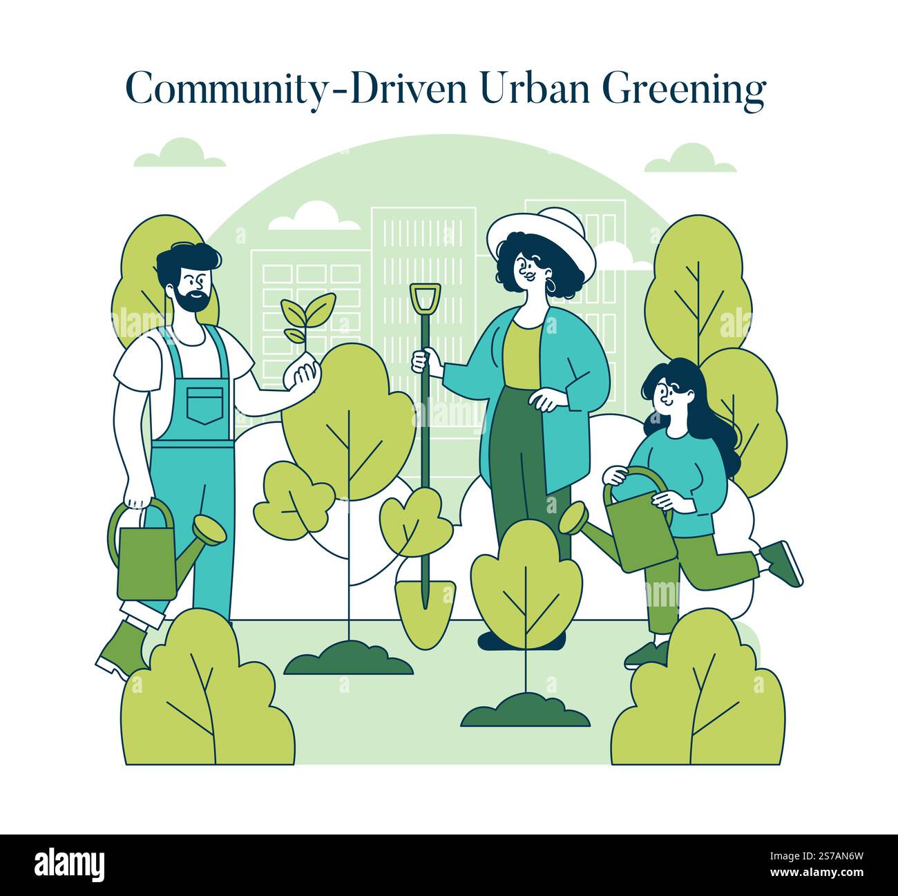 Green Infrastructure concept. Volunteers planting trees in a city ...