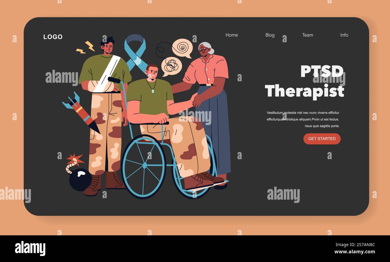 PTSD therapist web page illustration. Diverse patients with a therapist ...