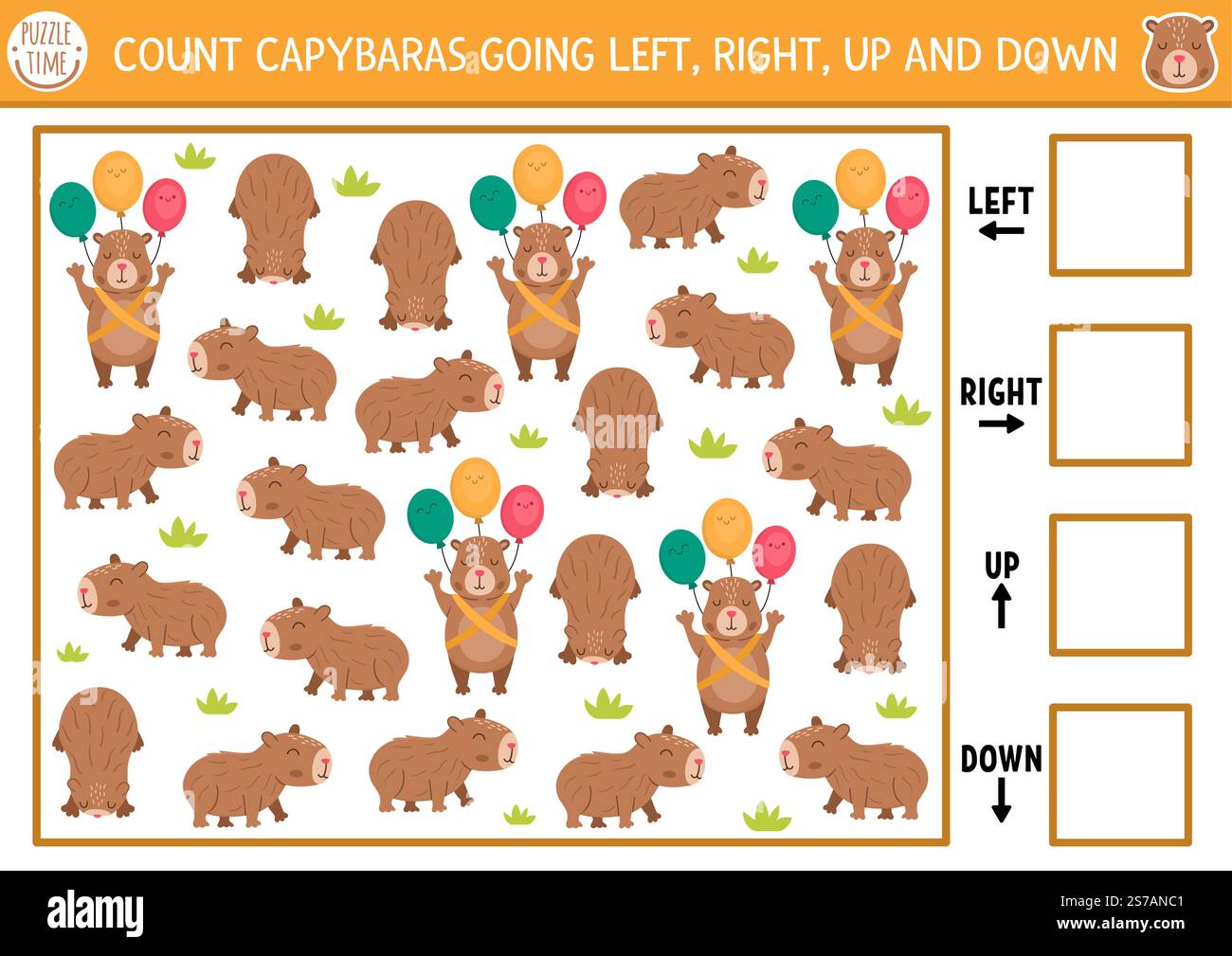 Capybara logic game with right, left, up, down concept for kids. I spy ...