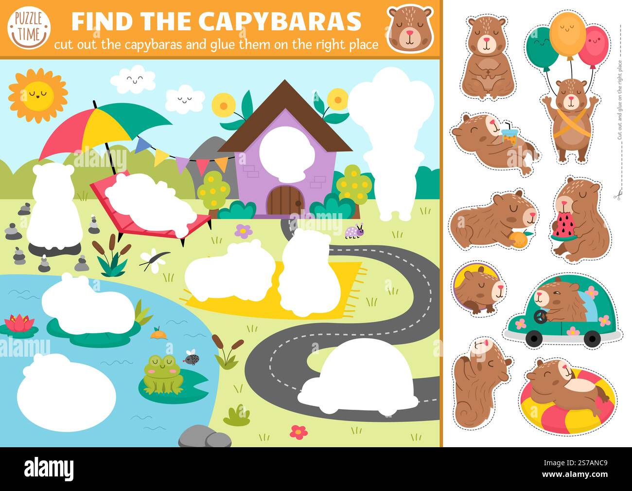Vector capybara cut and glue activity. Crafting game with summer ...