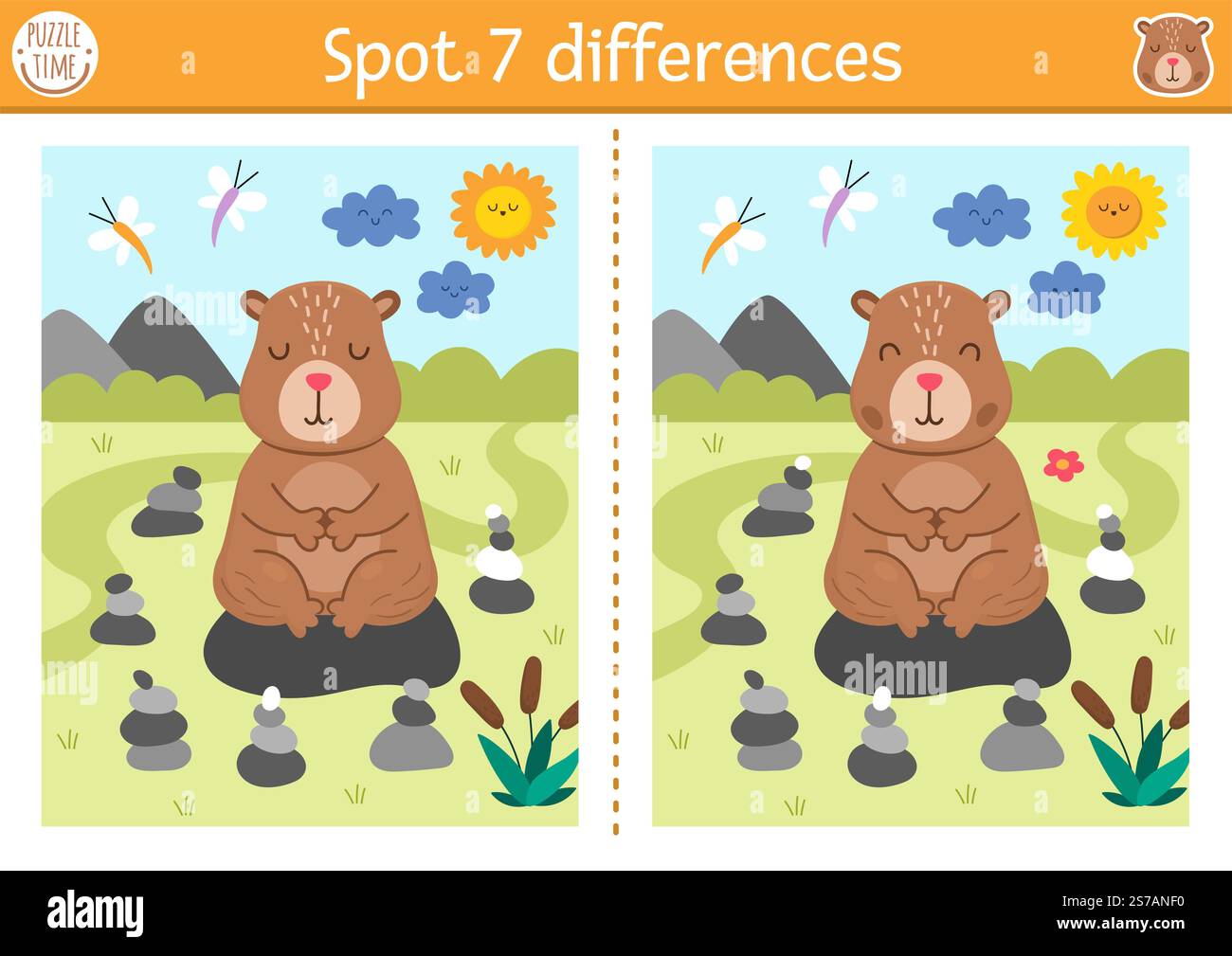 Find differences game for children. Capybara educational activity with cute animal meditating in ...