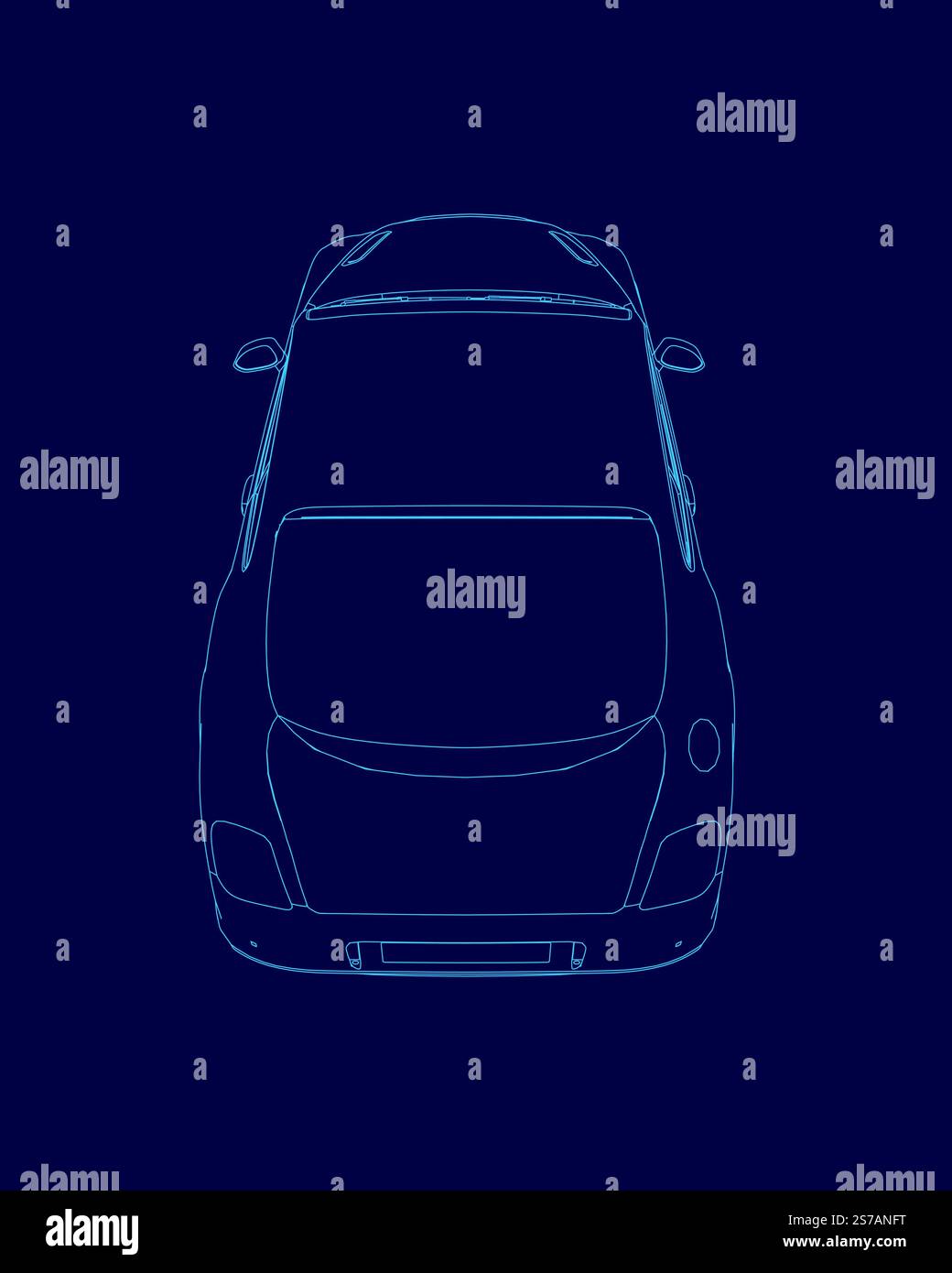 Blue car is shown in a blue drawing. The car is a sports car with a ...