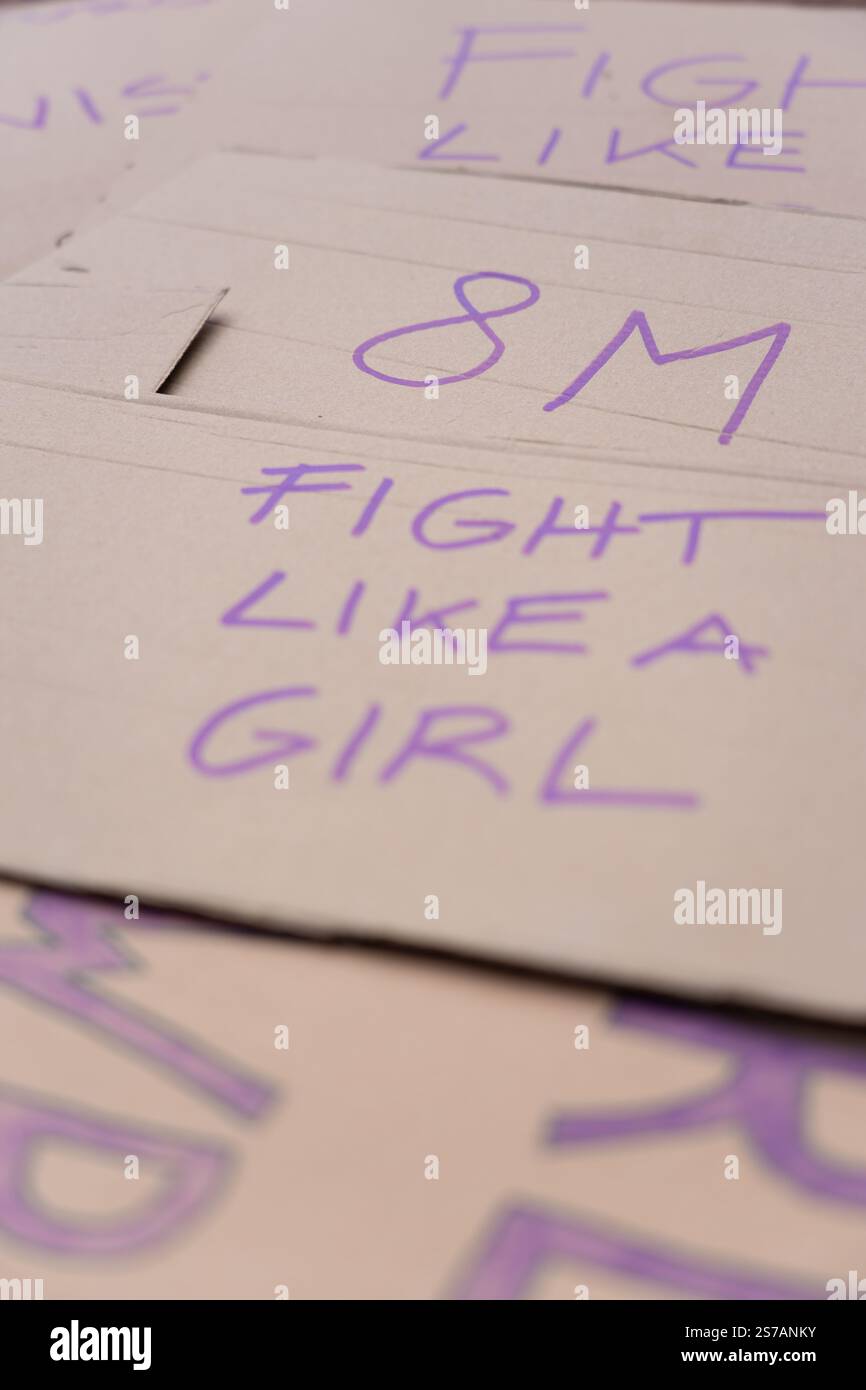 Cardboard signs with feminist slogans promoting gender equality and ...
