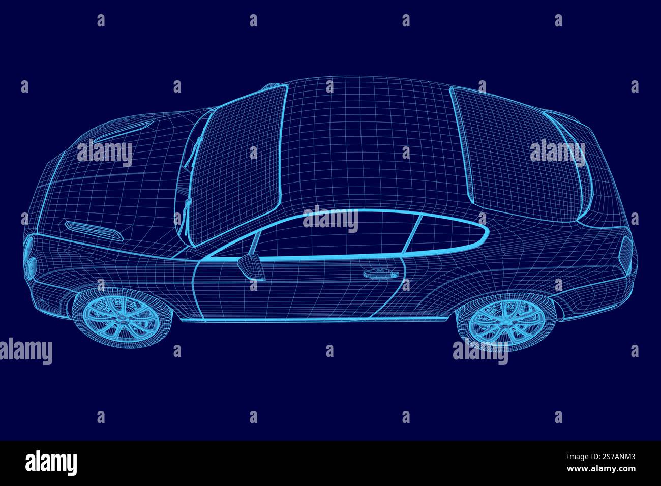 Blue car with a futuristic design. The car is shown in a 3D format ...