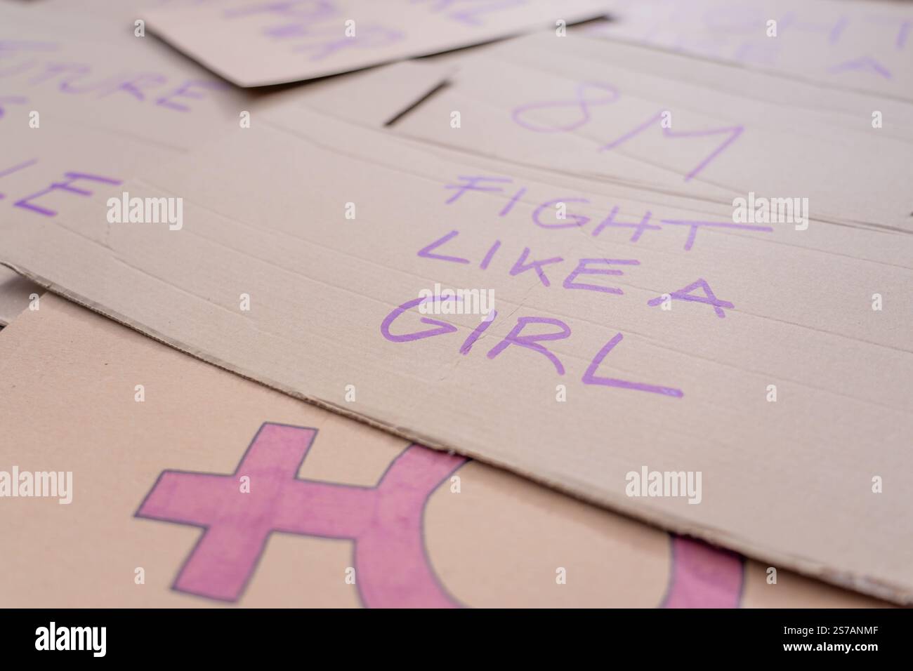 Cardboard signs with feminist slogans and symbols promoting gender ...