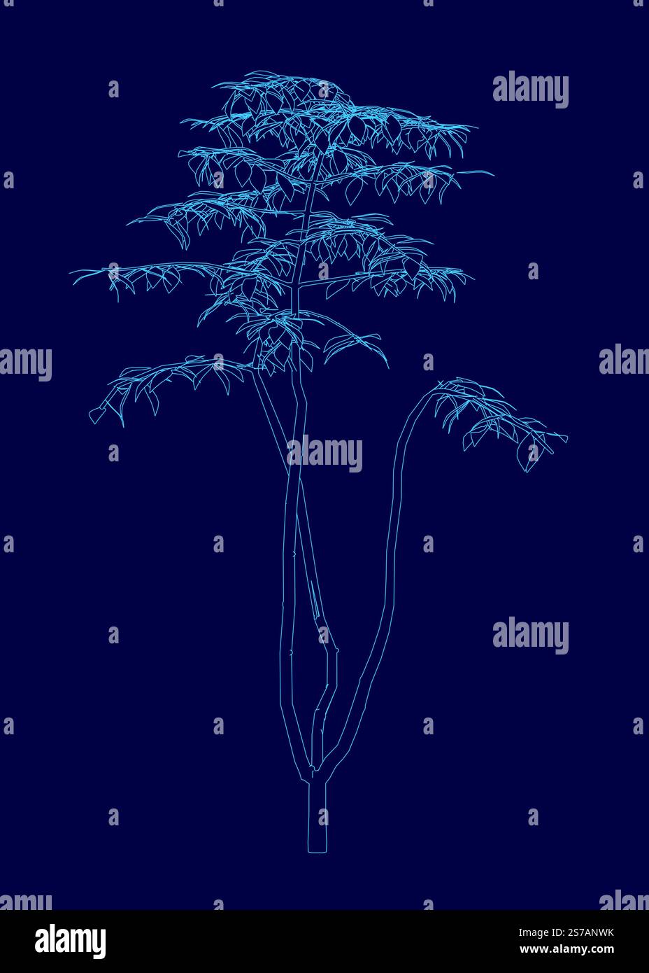 Blue tree with a blue background. The tree is very tall and has a lot ...