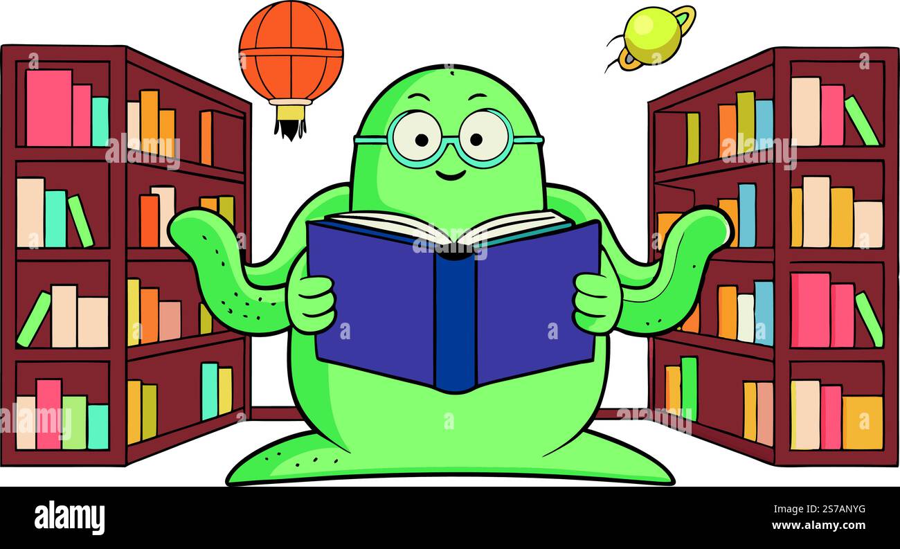 Four armed alien librarian in glasses holding an open book, surrounded ...