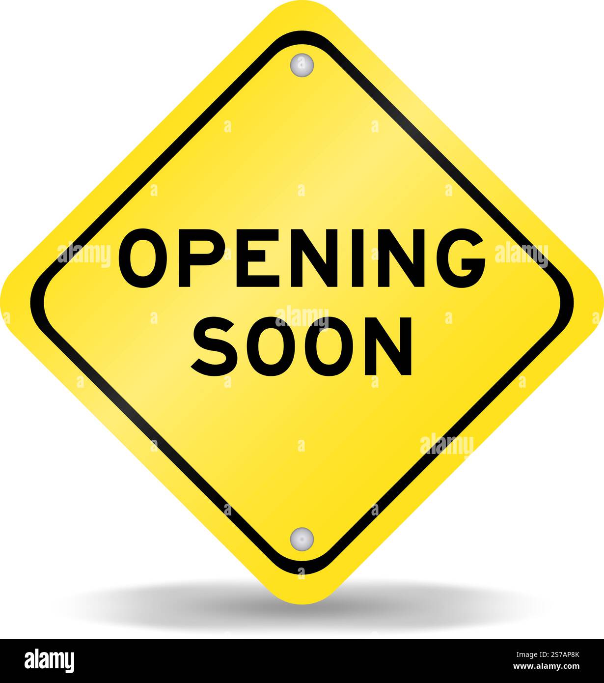 Yellow color transportation sign with word opening soon on white ...
