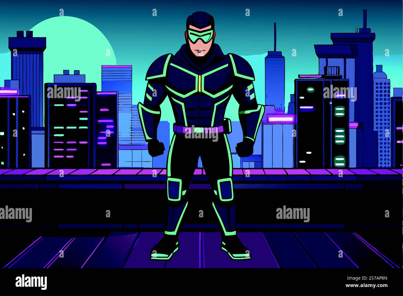 Cyberpunk style superhero with glowing accents in a high tech city ...