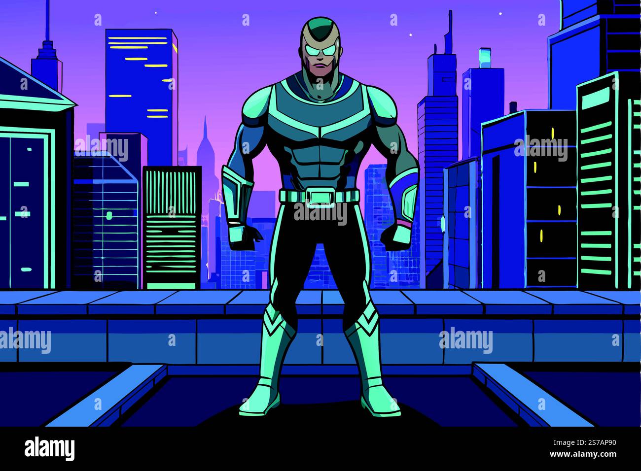 Futuristic cyberpunk superhero with glowing neon armor standing in a ...