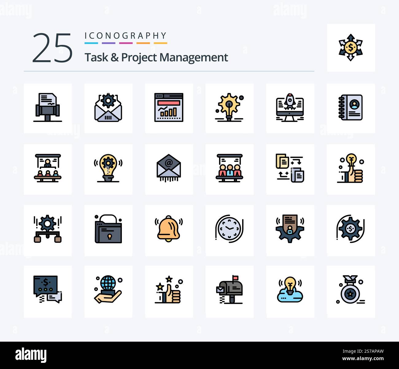 Task And Project Management 25 Line Filled icon pack including contact. startup. internet ...