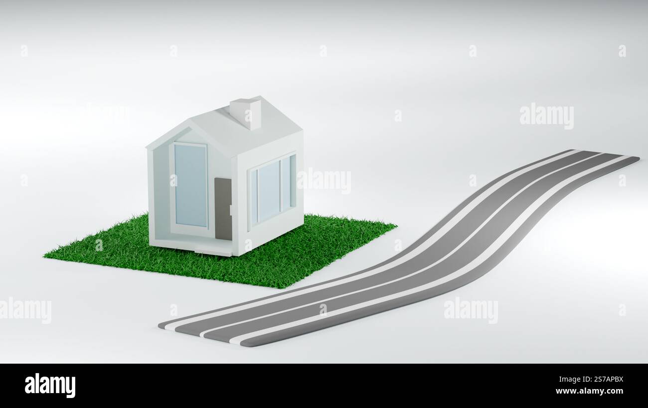 3D model of a house on a lawn near a road on a white background ...