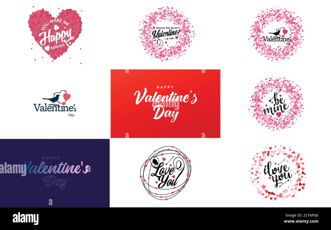 Hand-drawn black lettering Valentine’s Day and pink hearts on white ...