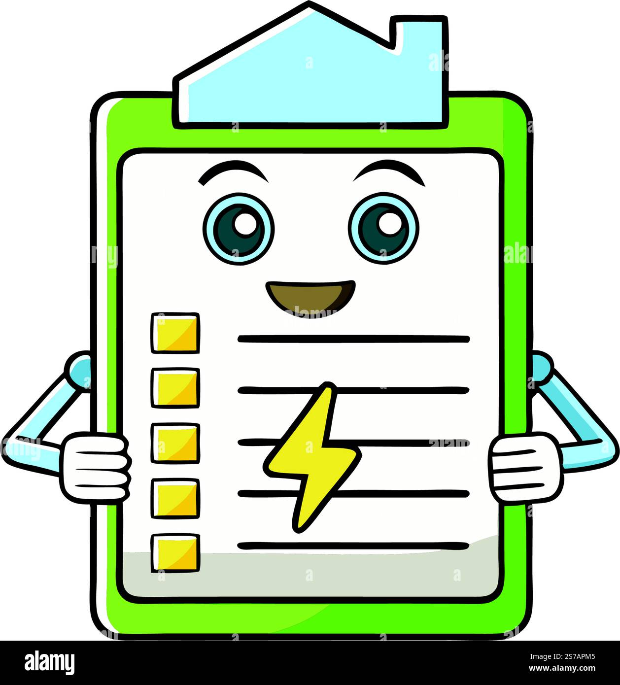 Playful energy utility bill character with power symbols, checklist ...