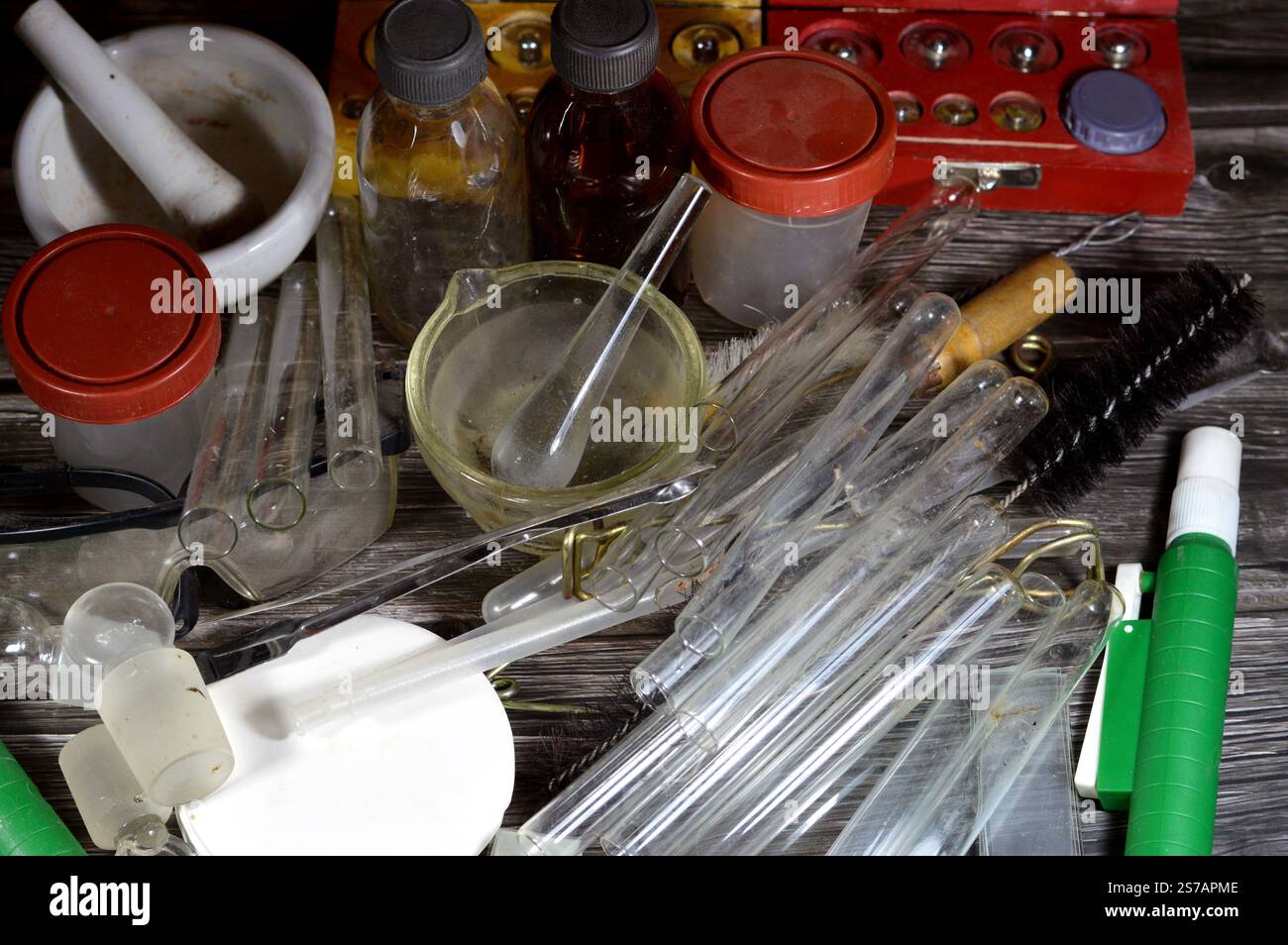 Various laboratory set of different equipment, safety goggles, Litmus ...