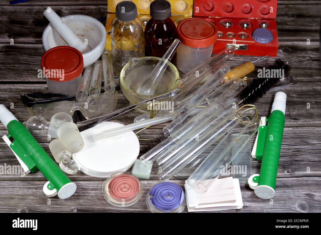 Various laboratory set of different equipment, safety goggles, Litmus ...