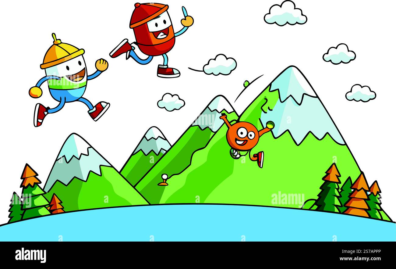 Playful illustration of animated characters in vibrant mountain ...