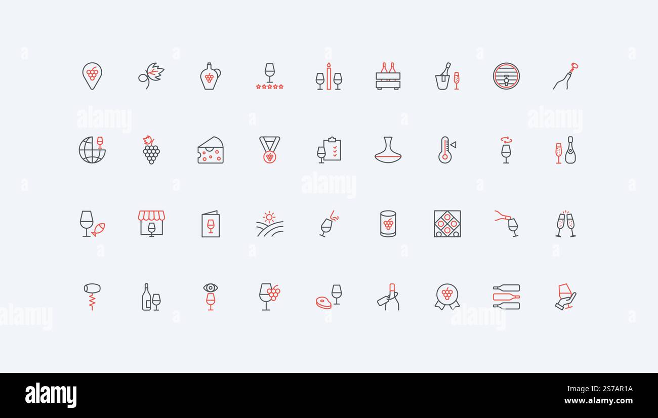 Winery, grape wine and champagne making, tasting line icon set ...