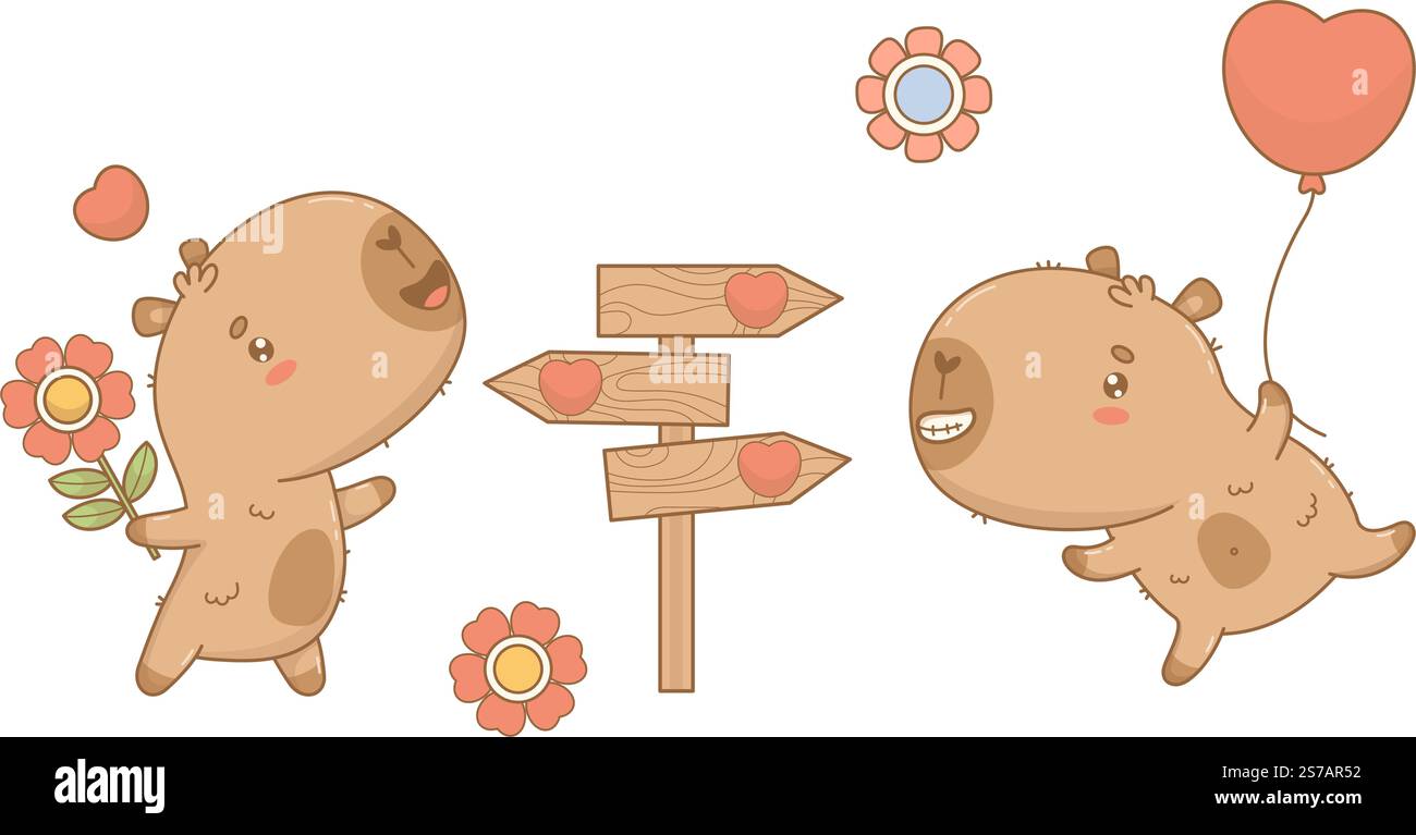 Happy romantic cartoon Capybara pair. Cute enamored kawaii character ...