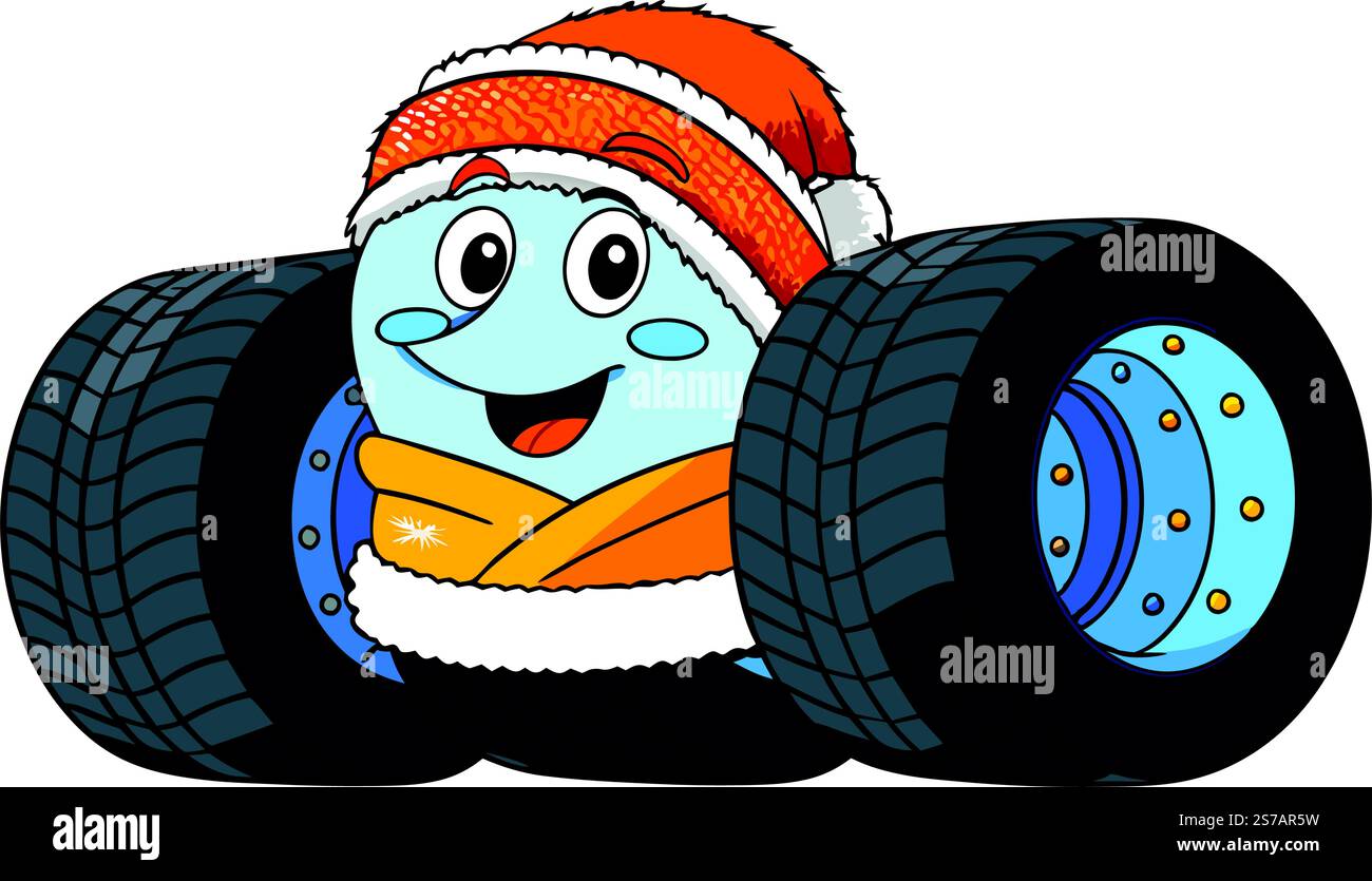 Colorful winter tires with cheerful cartoon characters wearing winter ...