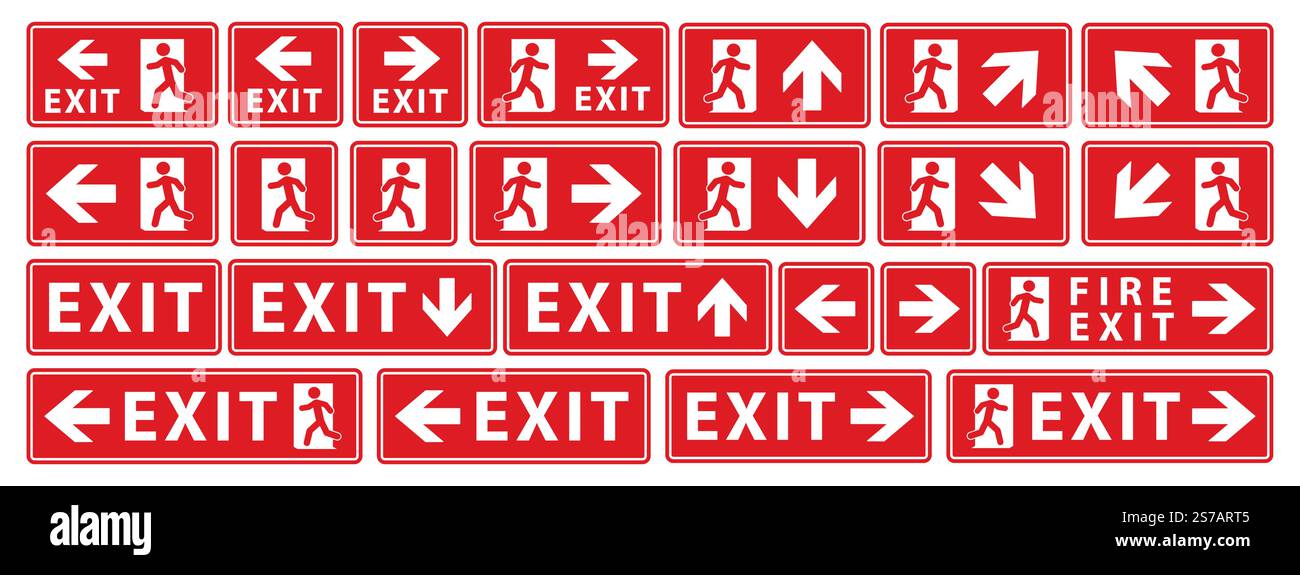 Emergency exit sign icon symbol set. Fire safety exit sign logo ...
