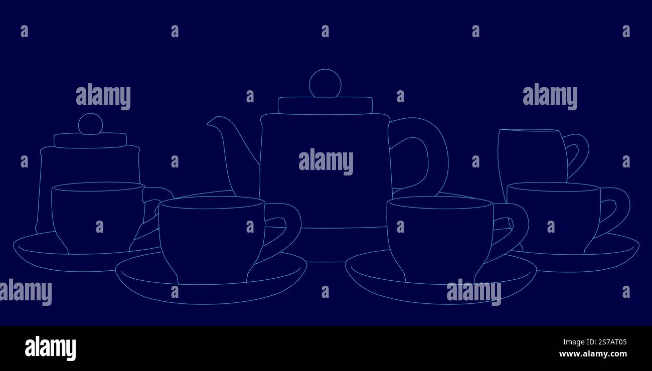 Blue background with a row of teapots and cups. The teapots are all ...