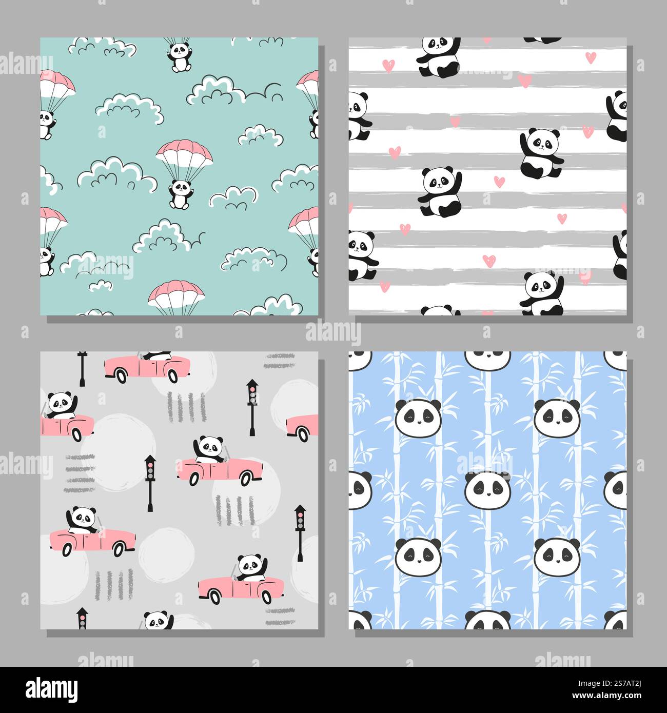 Set of cute panda bears seamless patterns. Vector print for kids Stock ...