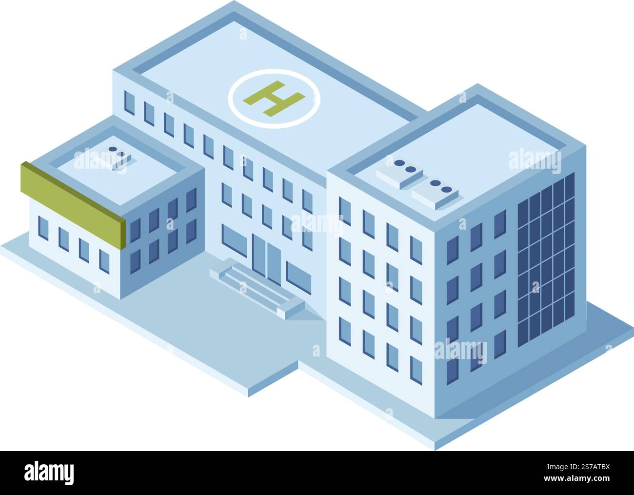 Isometric view of a modern hospital complex featuring a helipad ...