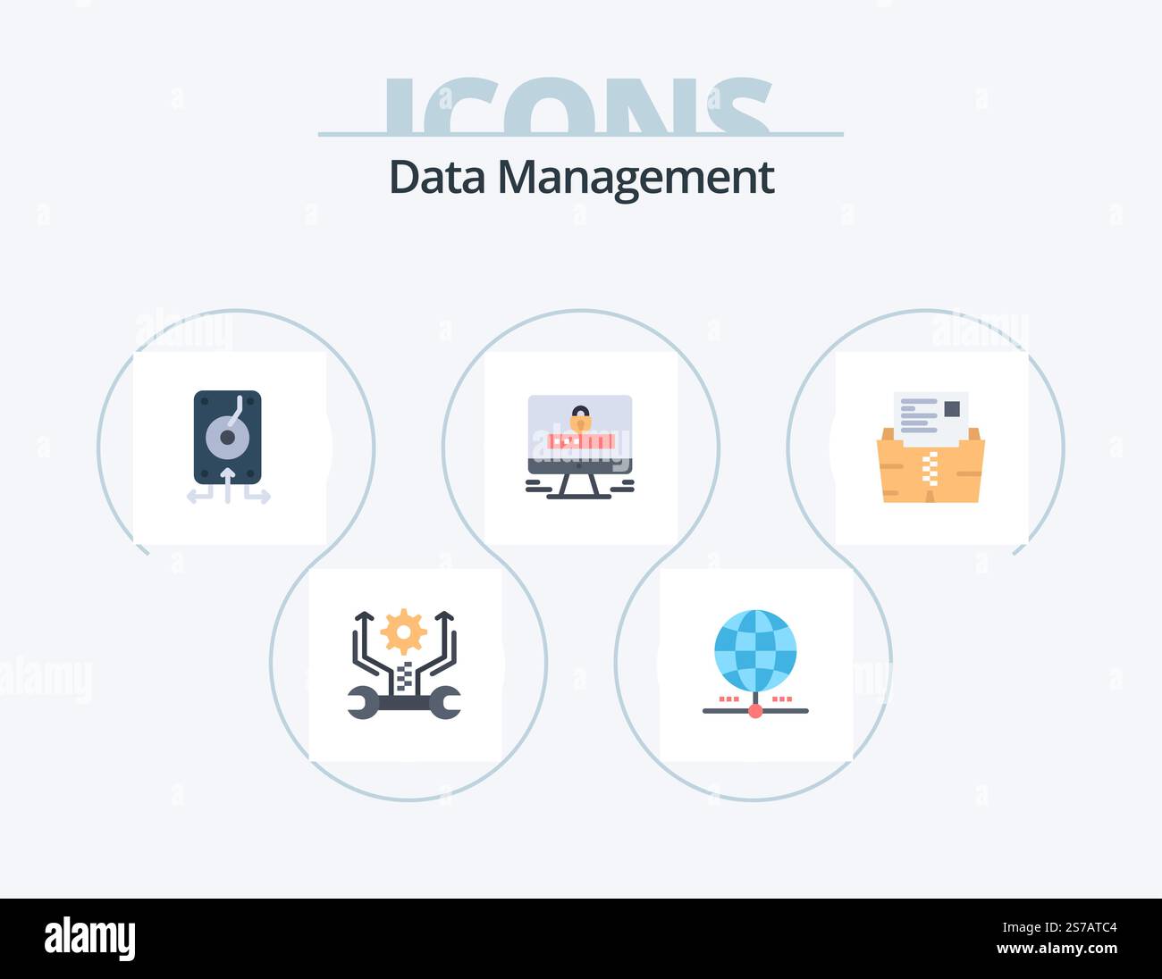 Data Management Flat Icon Pack 5 Icon Design. security. internet. network. computer. server ...