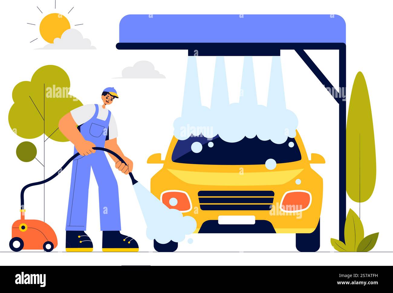 Car Wash Service Vector Illustration featuring Workers Cleaning an ...