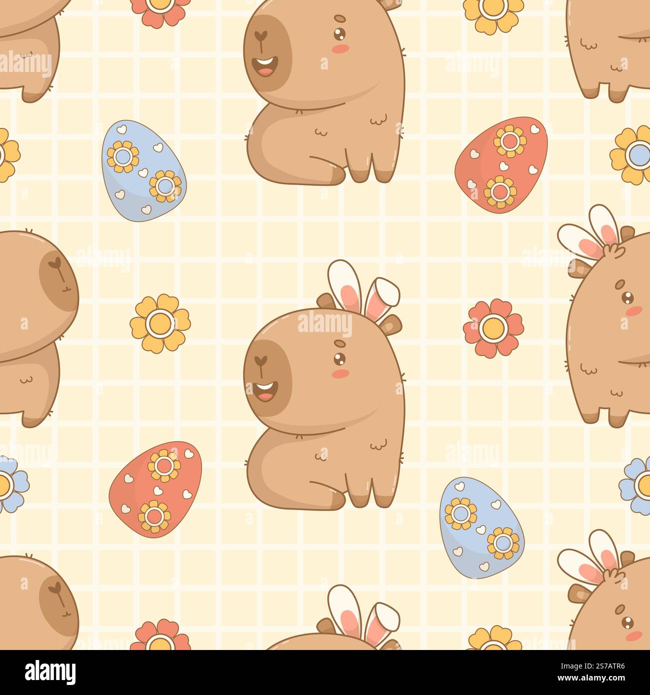 Easter Seamless pattern. Funny cartoon capybara in bunny ears on yellow ...