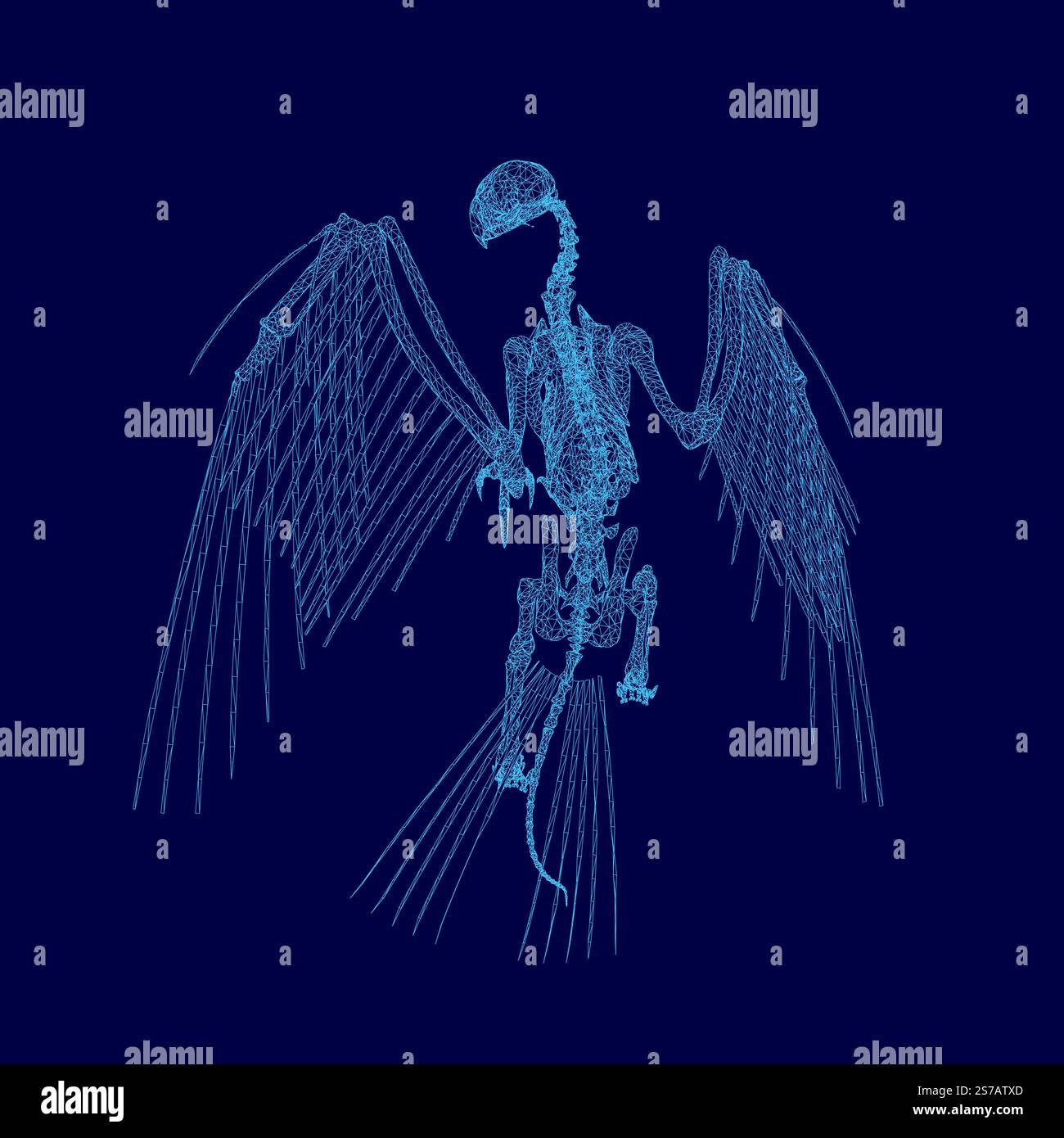 Blue image of a skeleton bird is displayed. The bird is positioned in ...