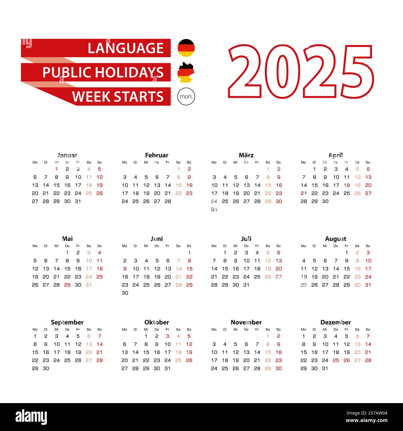 Calendar 2025 in Germany language with public holidays the country of ...