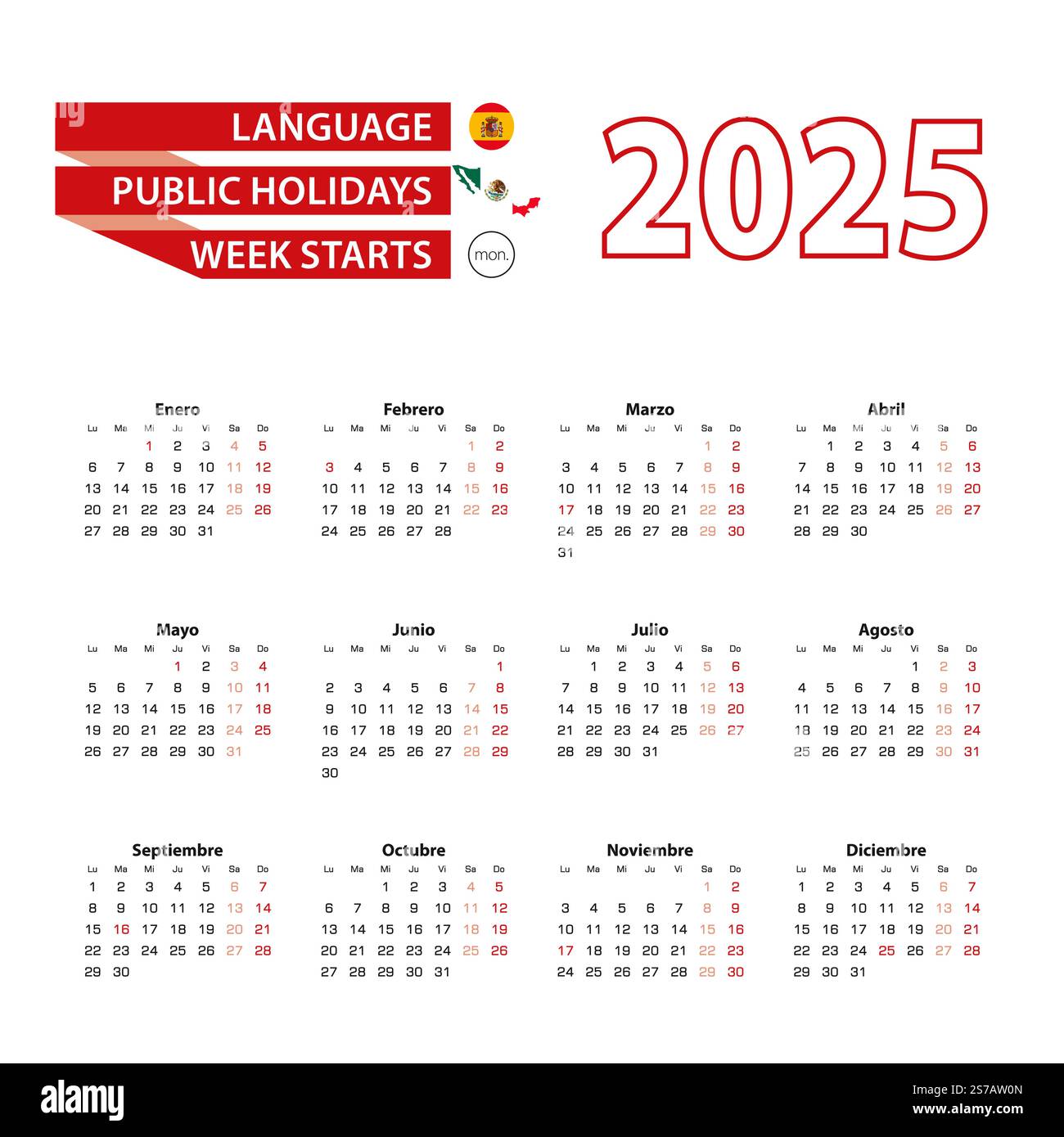 Calendar 2025 in Spanish language with public holidays the country of ...
