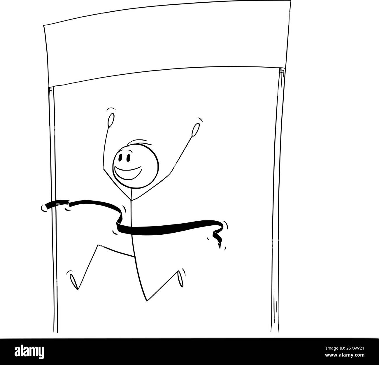 Person or businessman winning race on finish line at athletic stadium ...