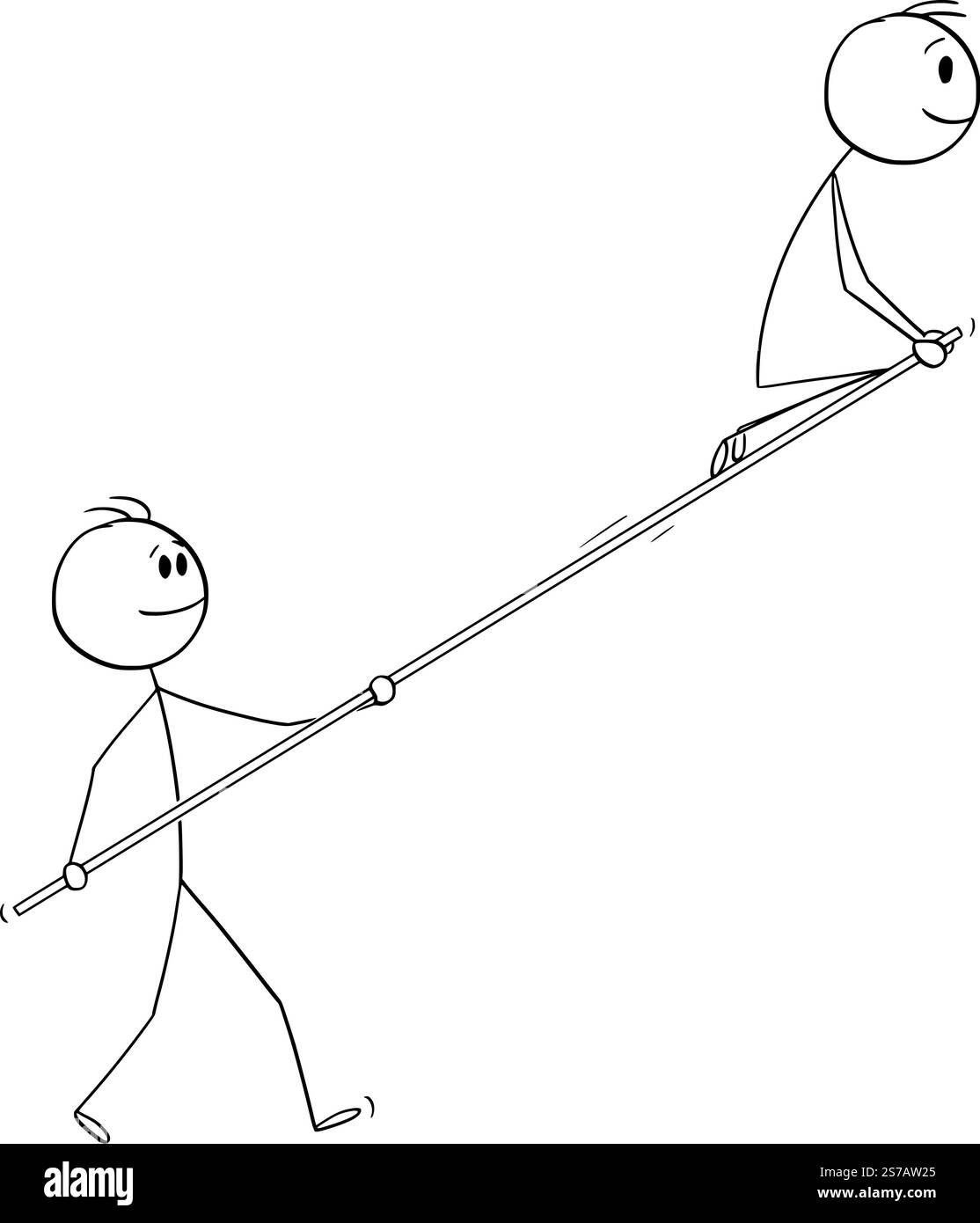 Person carrying colleague forward on rod, vector cartoon stick figure ...