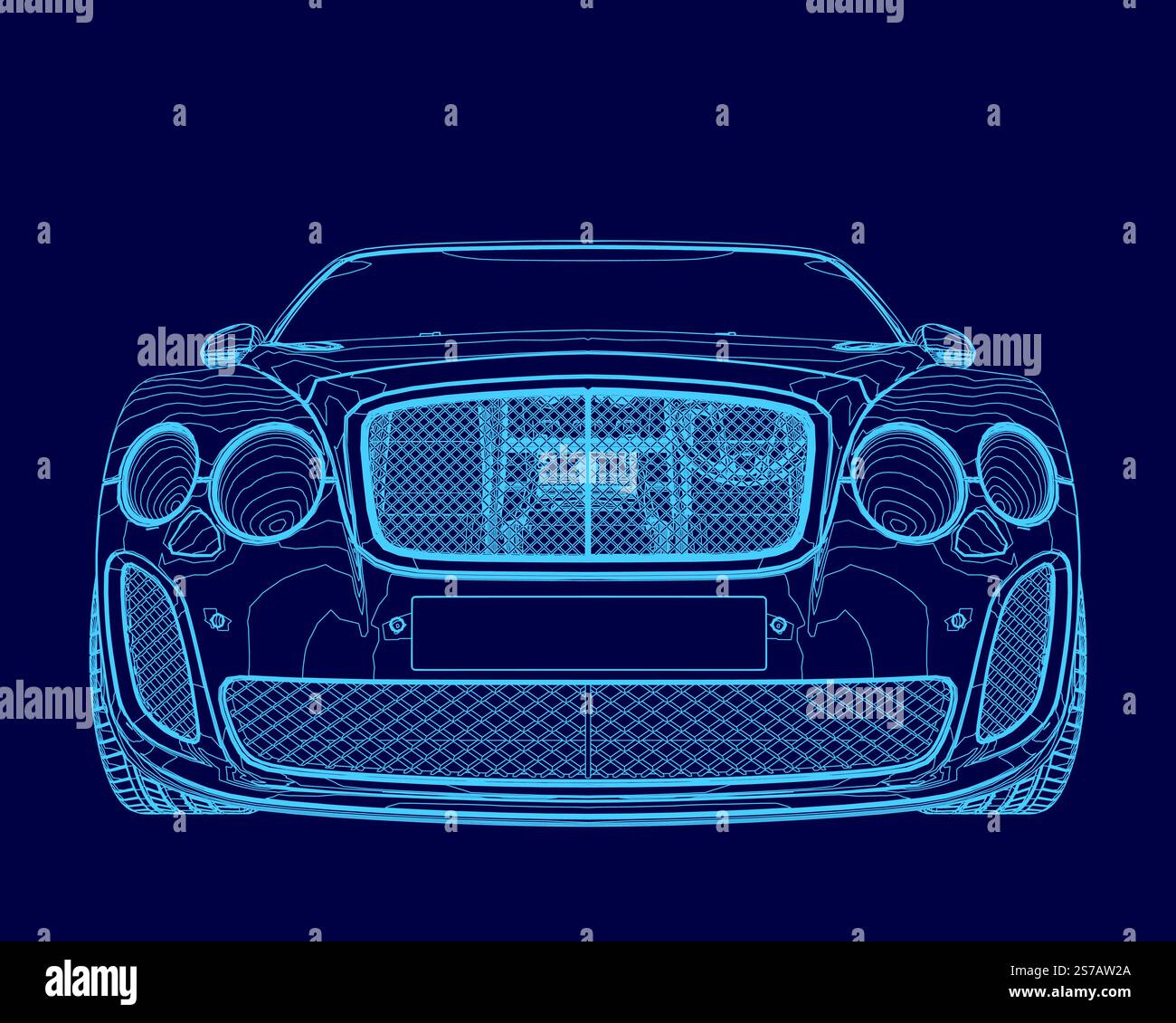 Blue car with a grill and a white license plate. The car is shown in a ...