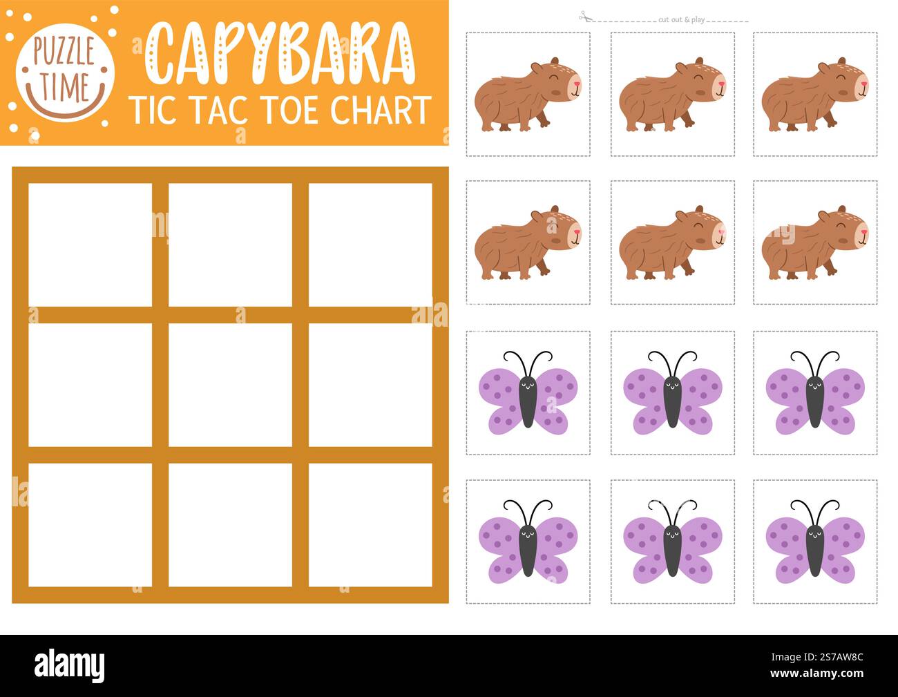 Vector capybara tic tac toe chart with cute animal and butterfly ...